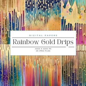 Dripping Rainbow Gold Digital Paper, Glitter and Foil Backgrounds, Junk ...