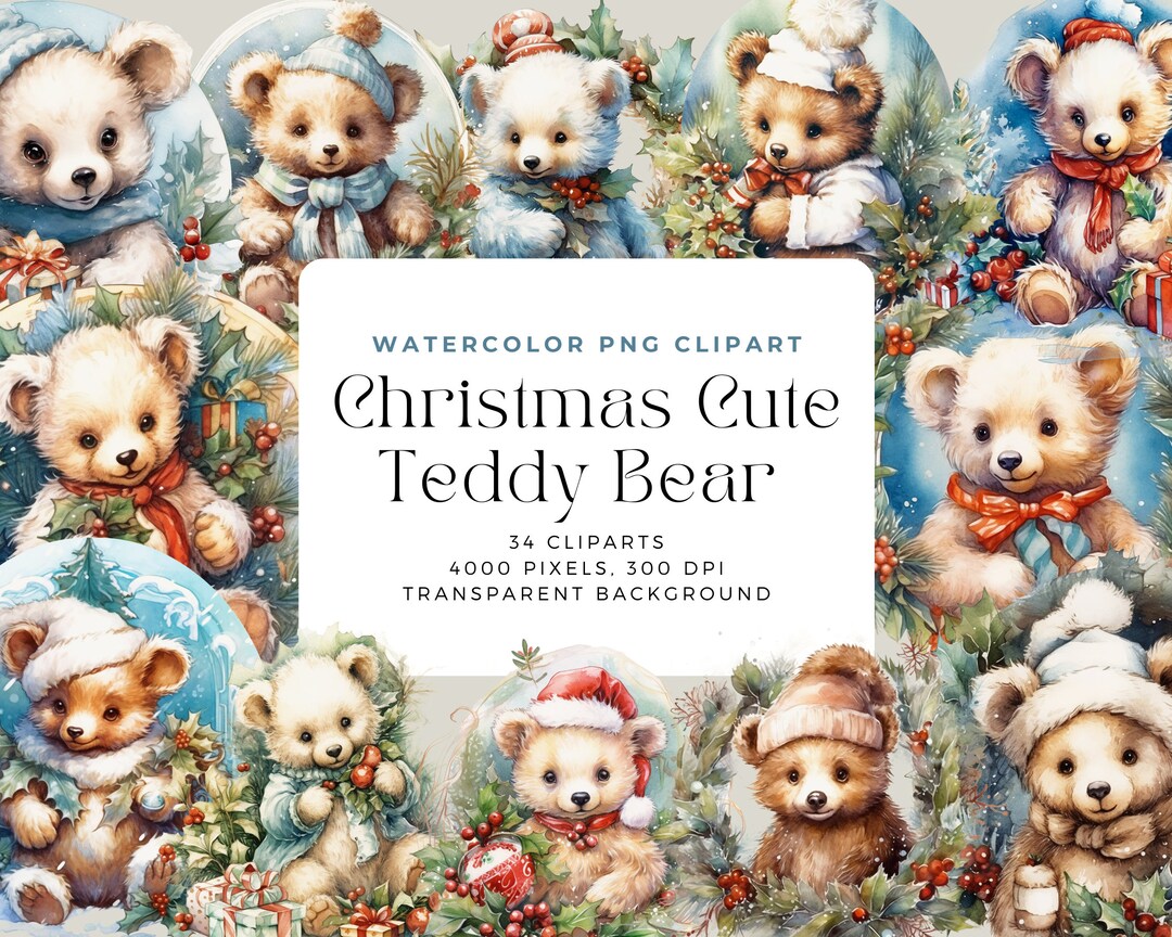 Watercolor Christmas Cute Teddy Bear Clipart, Cute Teddy Bear Clipart ...