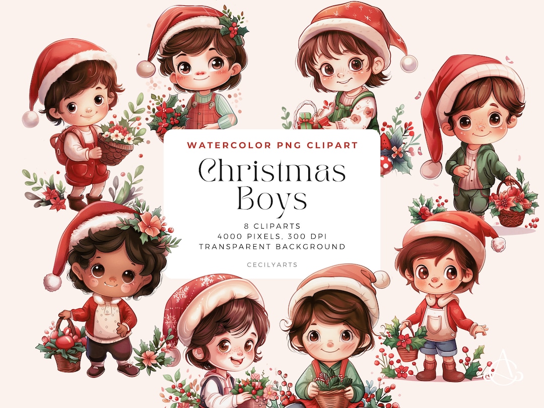 Christmas Boys Cliparts, Christmas Little Boy Watercolor Clipart Bundle ...