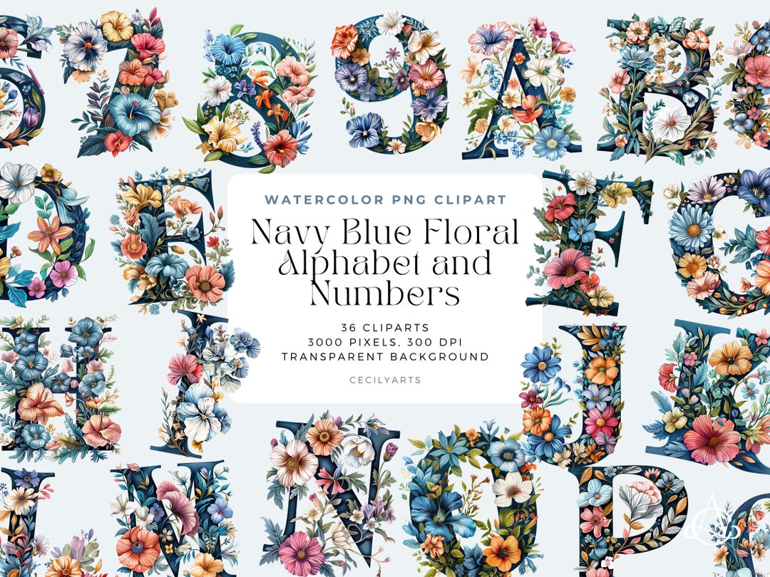 Navy Floral Alphabet Clipart: Watercolor Letters & Numbers (PNG) - Etsy