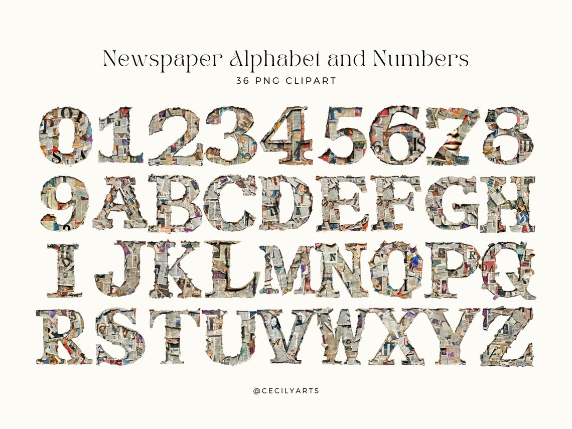 Newspaper Alphabet Clipart: A-Z Letters, Numbers, Symbols (PNG Digital ...
