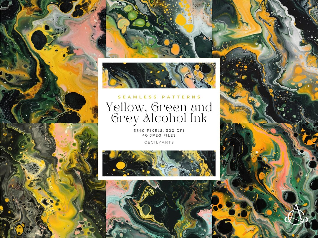 Yellow, Green and Grey Alcohol Ink Seamless Patterns, Alcohol Inks ...