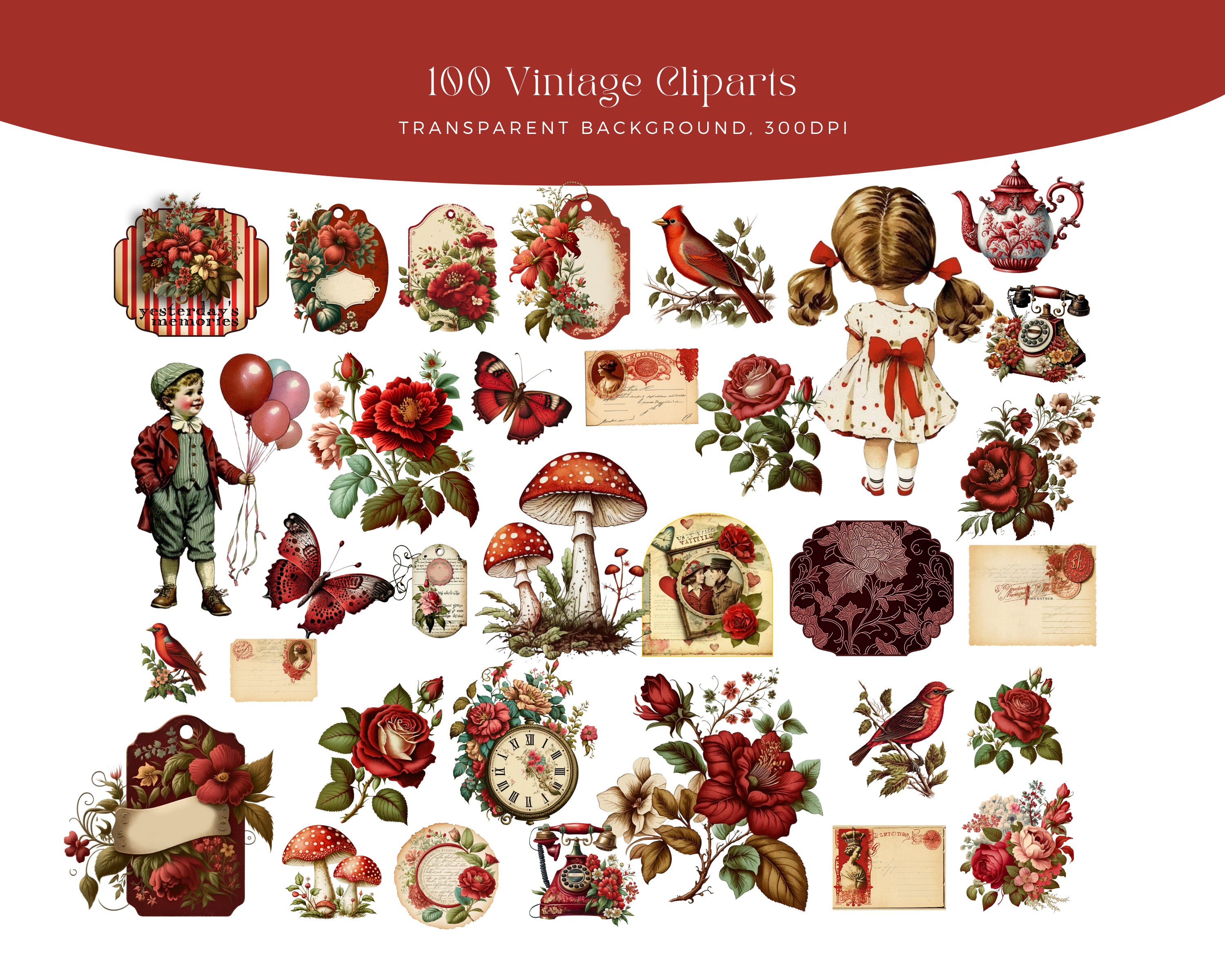 Red Vintage PNG, Vintage Floral Clipart Bouquets, Elements, Commercial ...