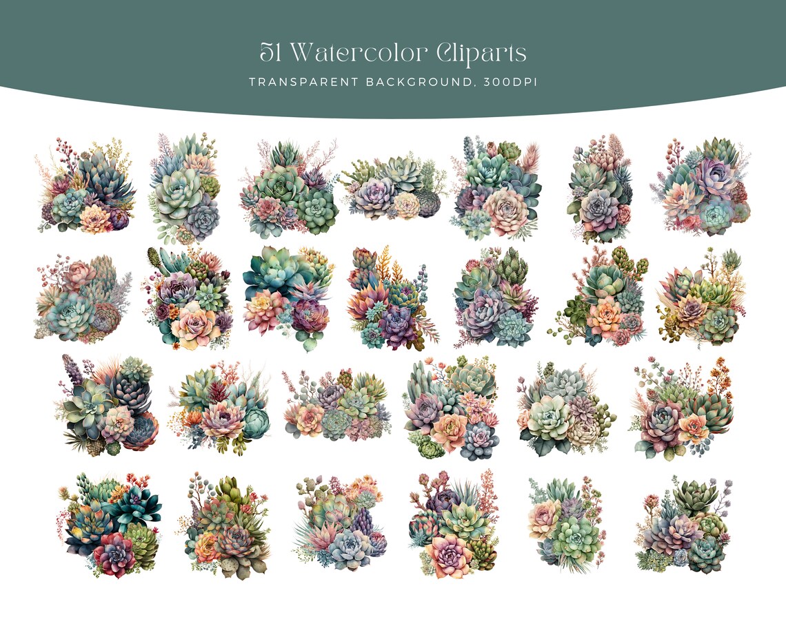 Bright Succulent Flowers PNG, Watercolor Floral Clipart Bouquets ...