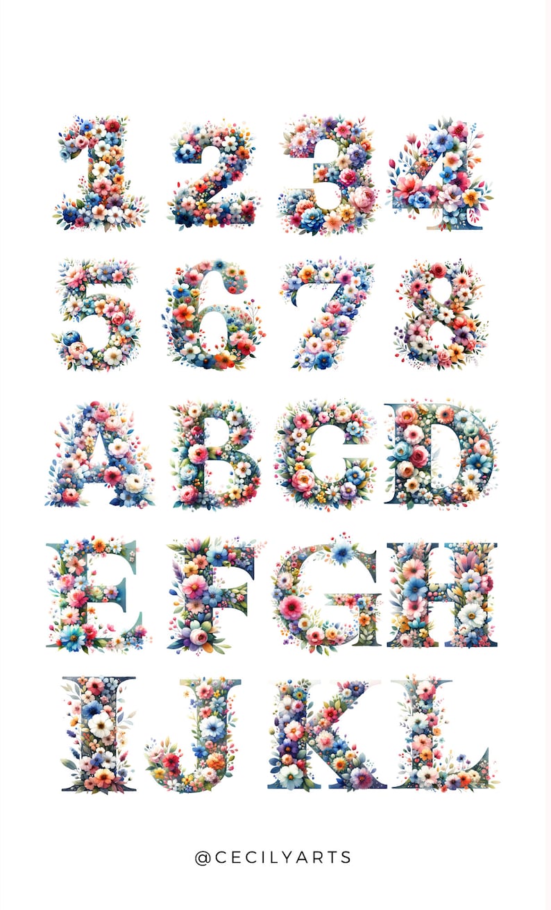 Watercolor Flower Alphabet and Numbers Cliparts, Alphabet PNG, Floral ...