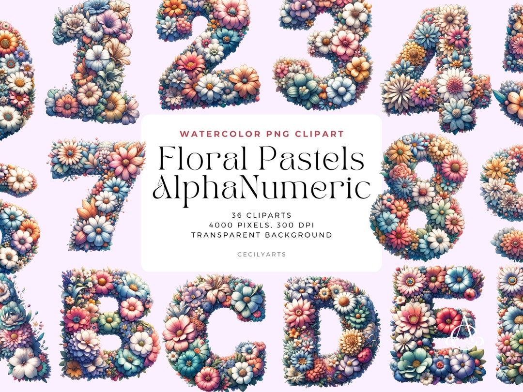 Floral Pastels Alphanumeric Alphabet and Numbers Cliparts, Alphabet PNG ...