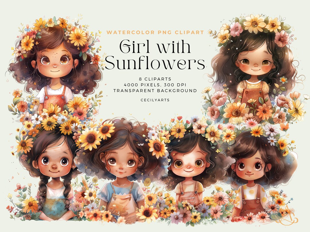 African American Girl With Sunflowers Cliparts , Digital Download, PNG ...