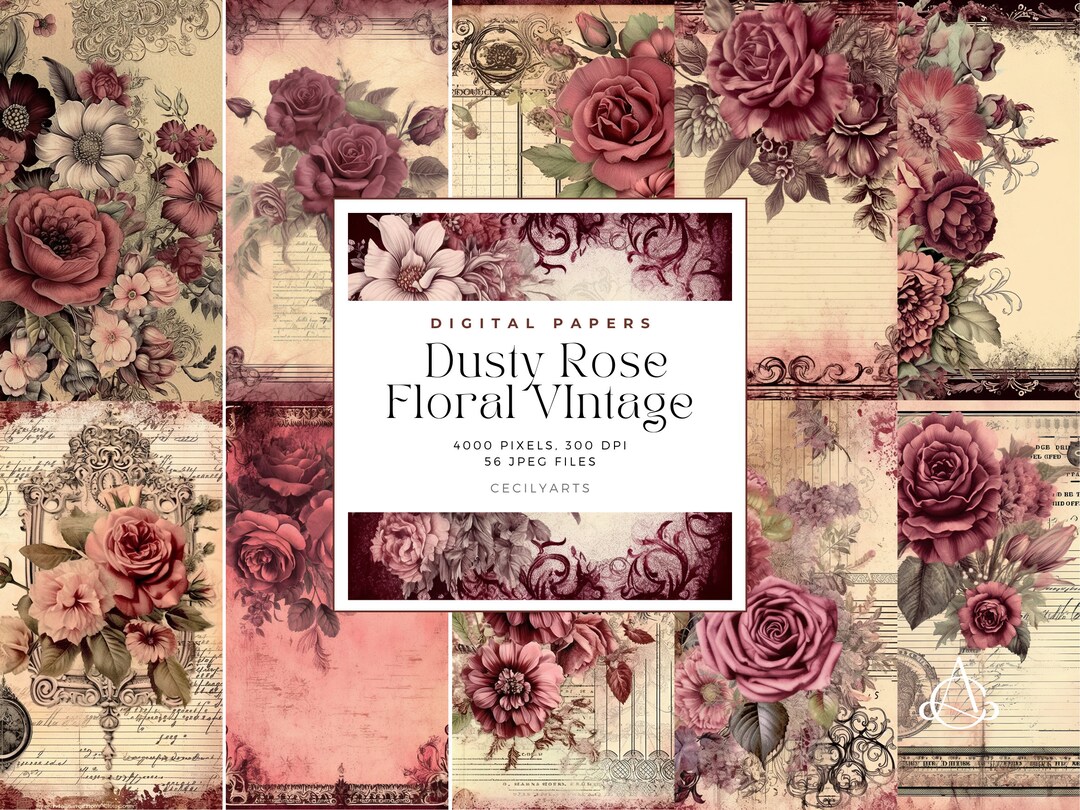 Dusty Rose Floral Vintage Junk Journal Pages, Digital Download JPG ...