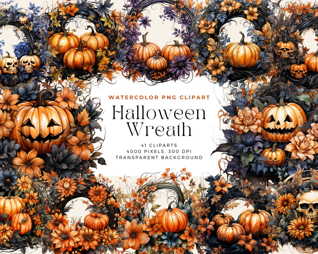 Watercolor Halloween Wreath Cliparts Collection Clipart, Pumpkin ...