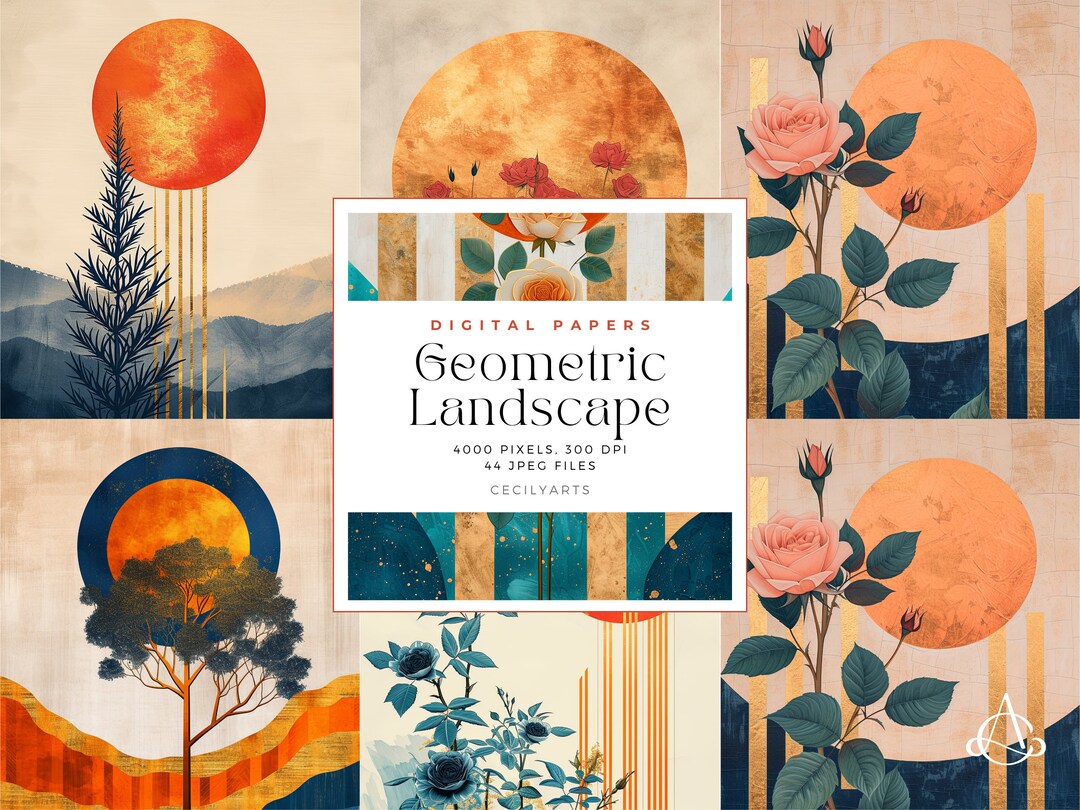 Geometric Landscape Backgrounds, Digital Paper, Junk Journal Paper ...