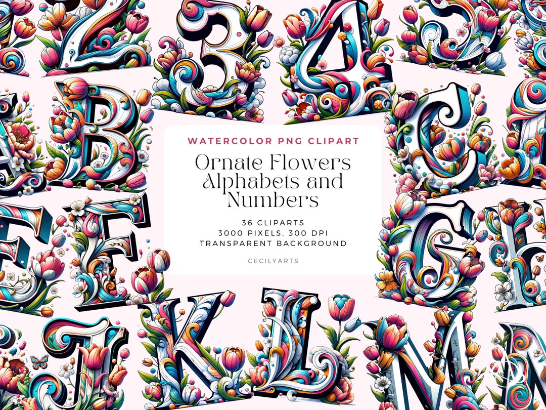 Ornate Flowers Alphabets and Numbers, Alphabet PNG, Newspaper Alphabet ...