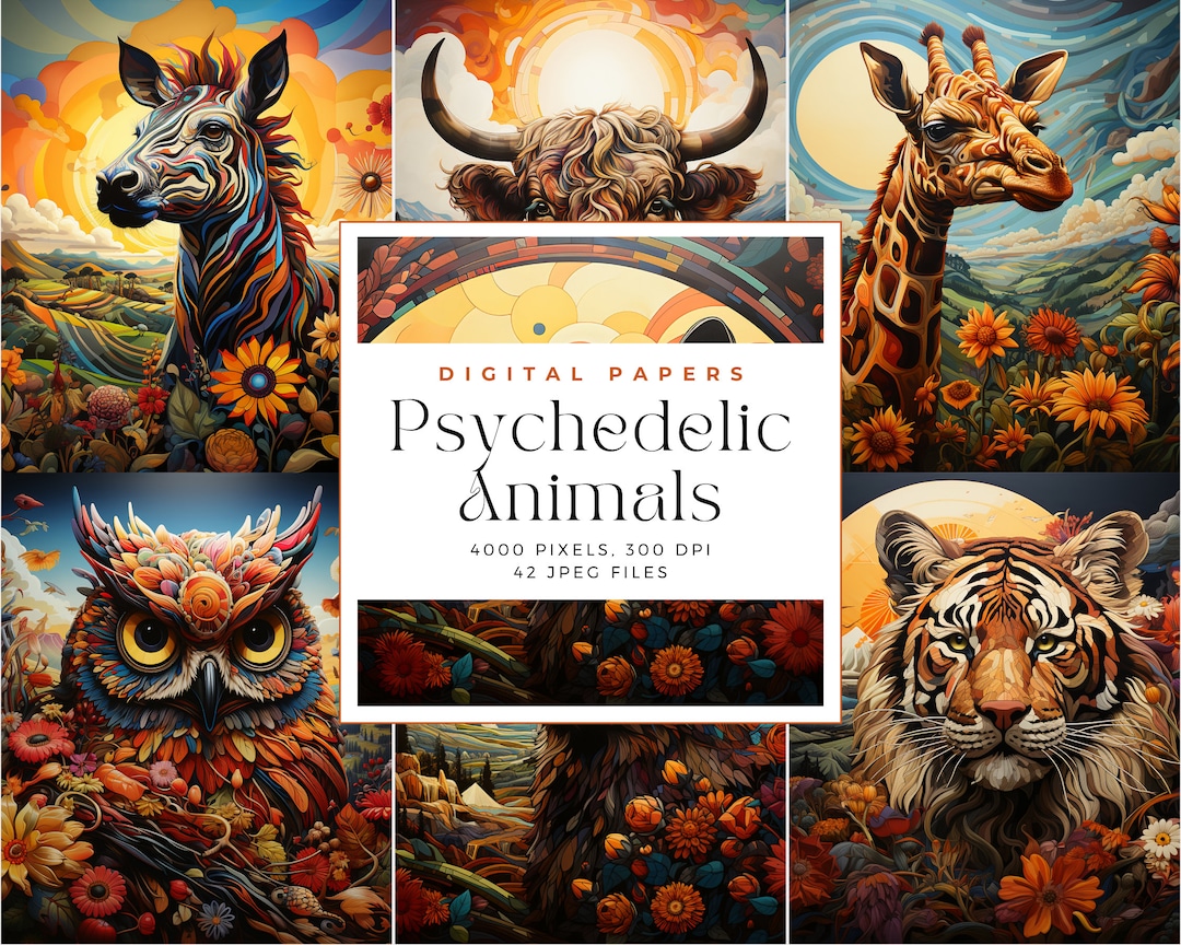 Psychedelic Animals Digital Paper, Psychedelic Animals, Junk Journal ...