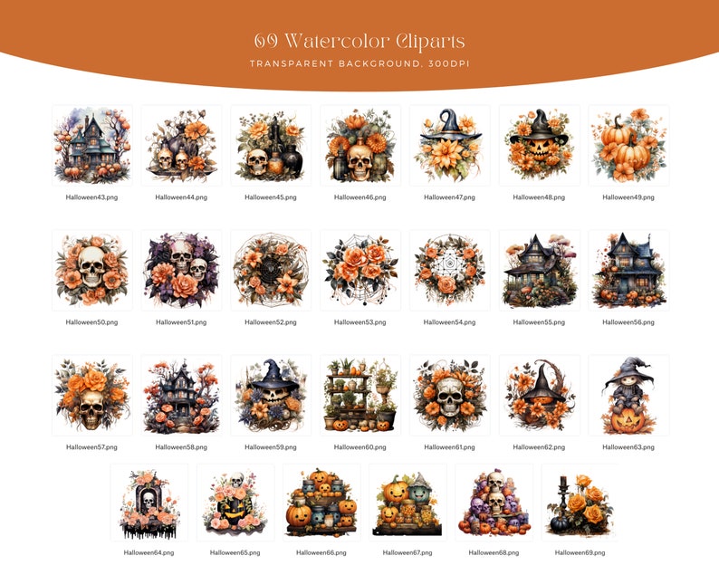 Watercolor Halloween Clipart, Cute Ghost, Pumpkin, Cat (PNG, Commercial ...