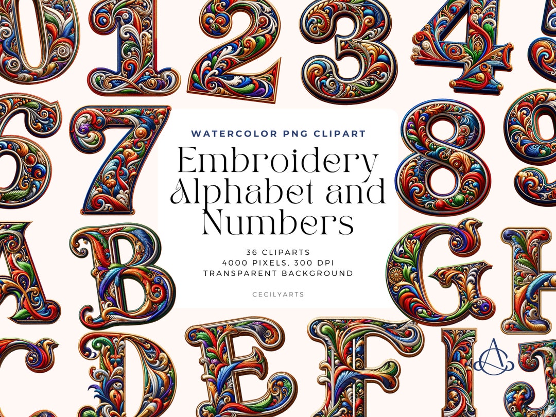 Floral Embroidery Alphabet and Numbers, Alphabet PNG, Floral Alphabet A ...