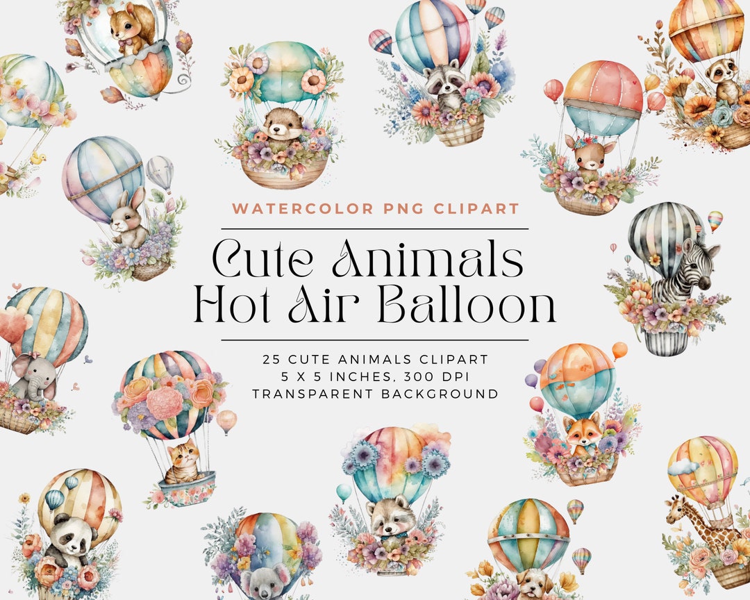 Watercolor Animals in Hot Air Balloon Clipart, Babyshower Clipart ...