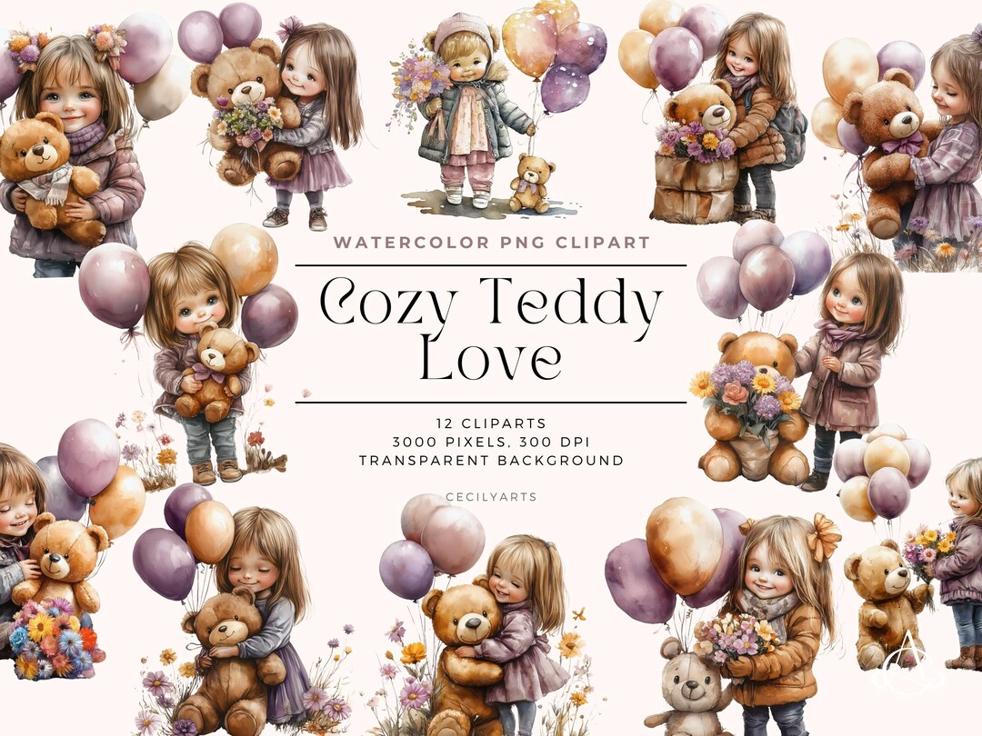 Watercolor Teddy Bear Clipart: Cozy Love Graphics (commercial Use) - Etsy