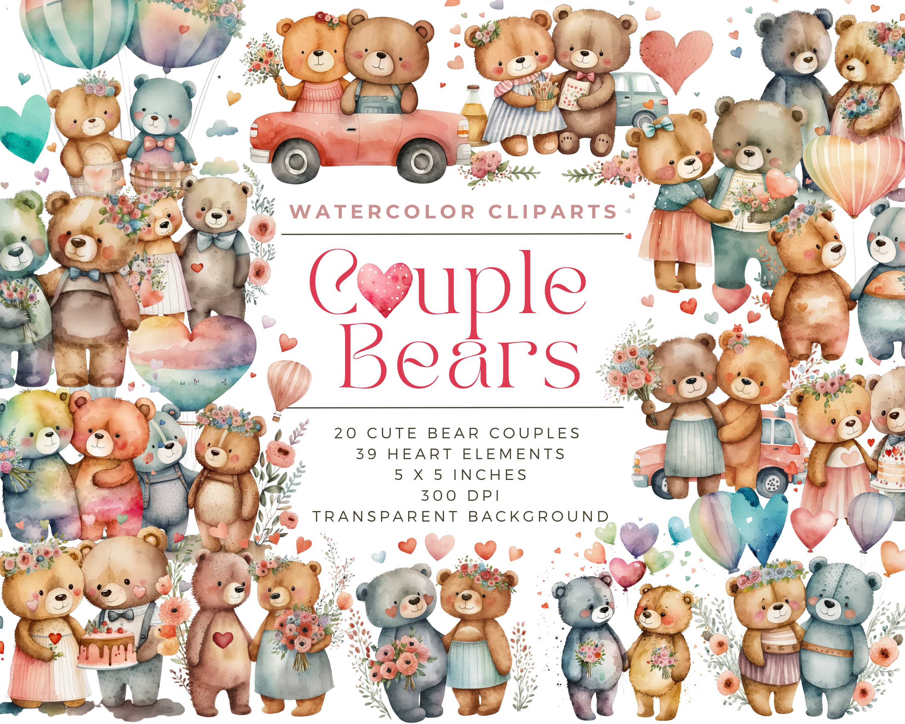 Valentines Day Watercolor Couples Clipart, Couple Bears, Romantic Teddy ...