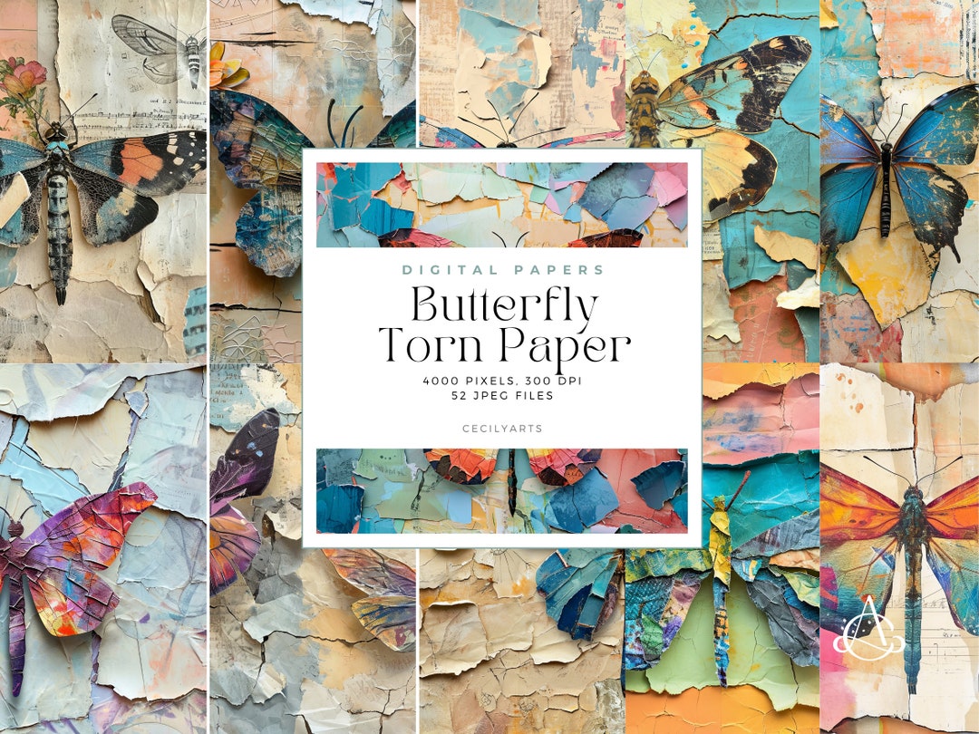 Butterfly Torn Paper Junk Journal Pages, Vintage Paper Journal Pages ...