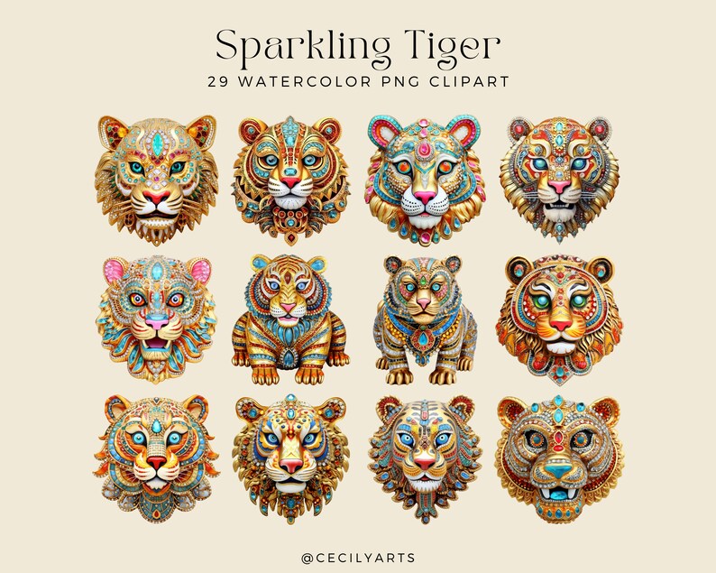 Sparkles and Glitter Tiger PNG, Watercolor Tiger Clipart Brooch ...