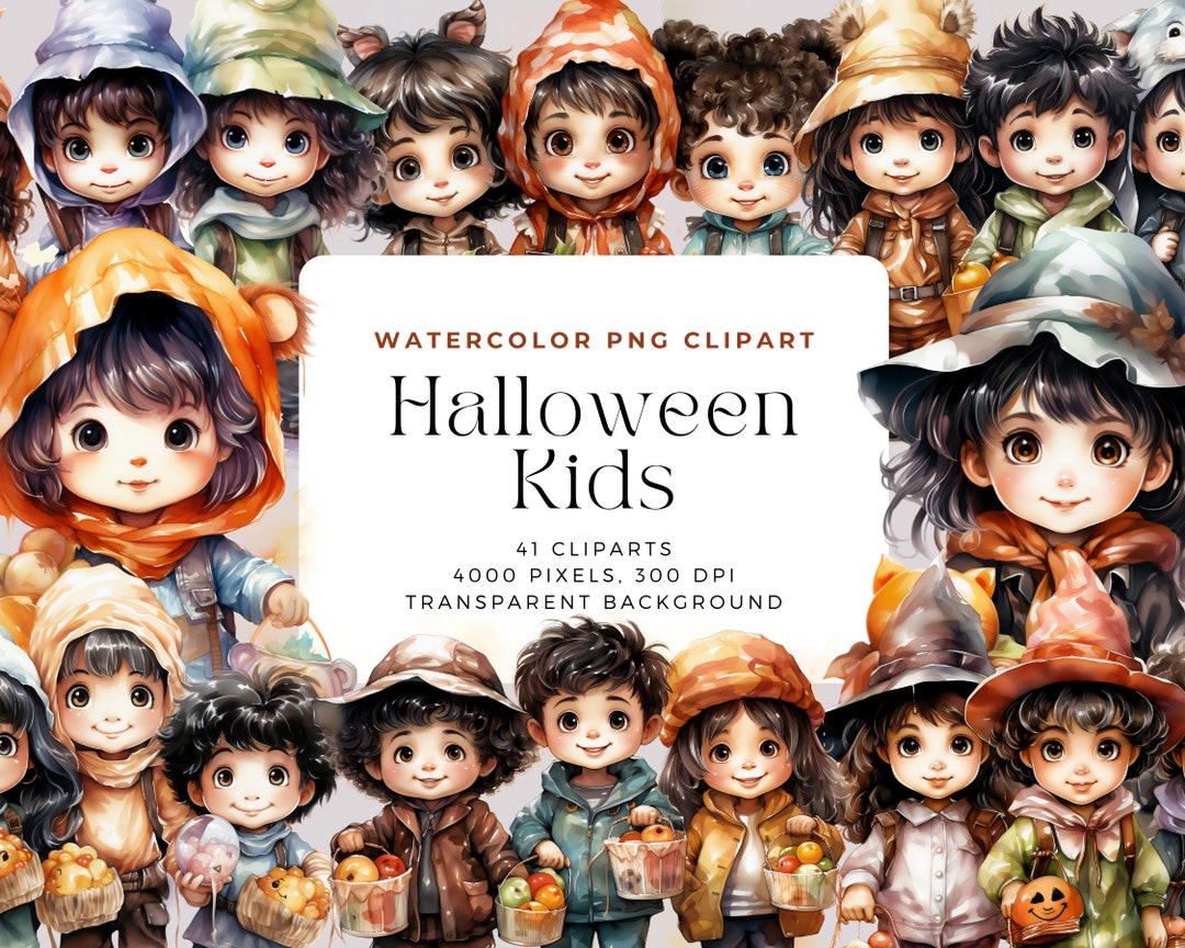 Watercolor Halloween Kids Clipart, Cute Kids Clipart PNG Watercolor ...