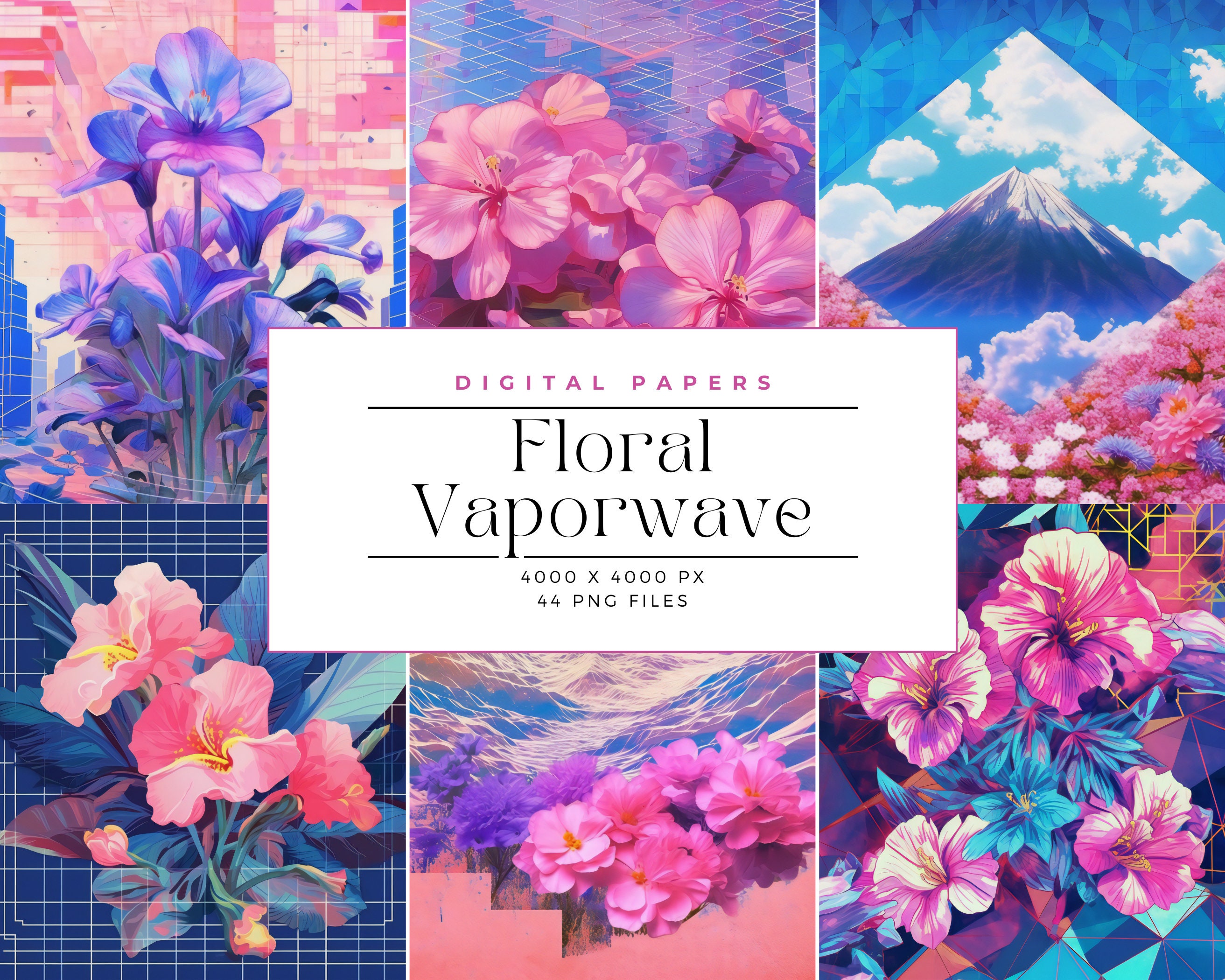 Floral Vaporwave Digital Paper Set Printable Backgrounds - Etsy