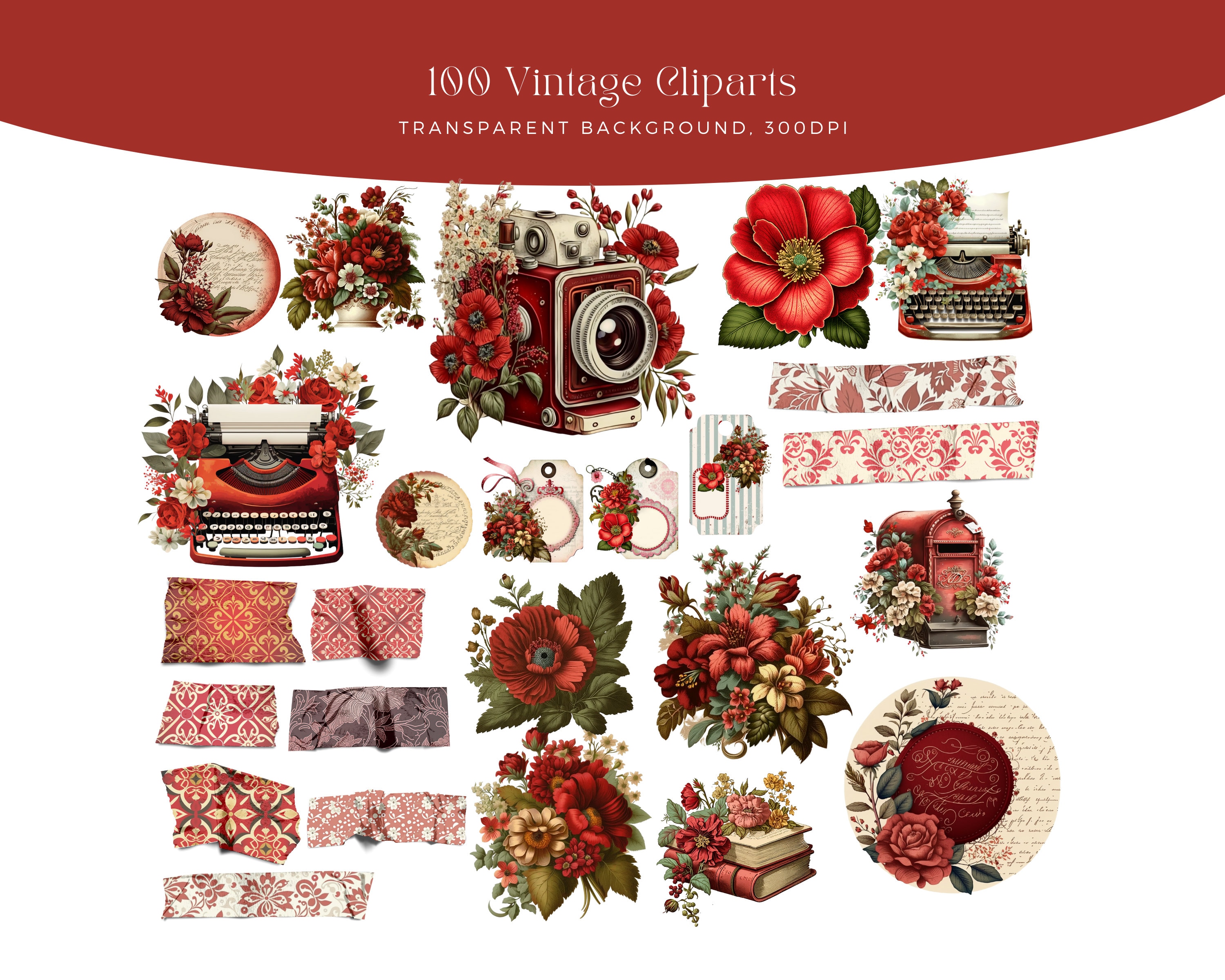 Red Vintage PNG, Vintage Floral Clipart Bouquets, Elements, Commercial ...