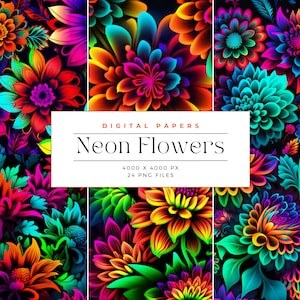 Bright Neon Flowers Digital Paper, Abstract Neon Floral Background ...