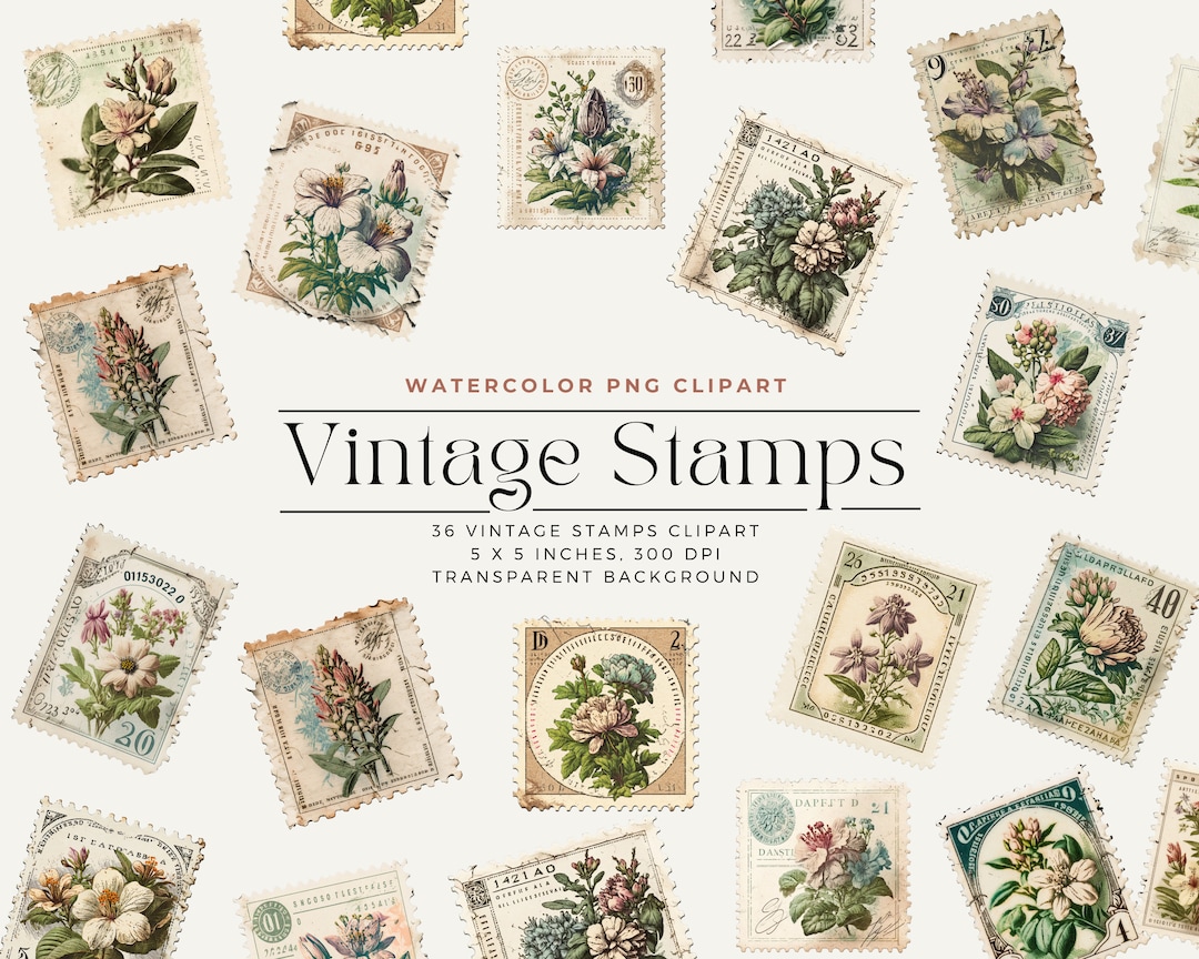Vintage Flower Stamps Clipart, Vintage Stamps Floral Postal Stamps ...