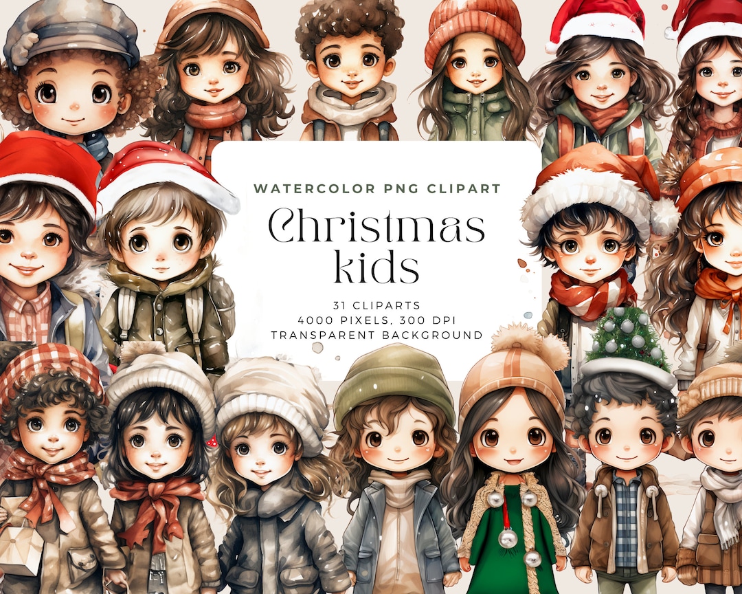 Watercolor Christmas Kids Clipart, Cute Kids Clipart PNG Watercolor ...