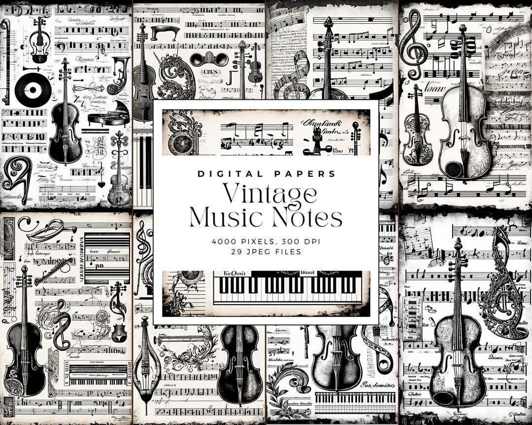 Musical Instruments Printable Paper, Junk Journal Pages, Black and ...