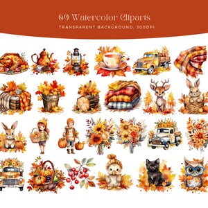 Watercolor Autumn Elements Clipart, Pumpkin Clipart, Autumn Leaves ...