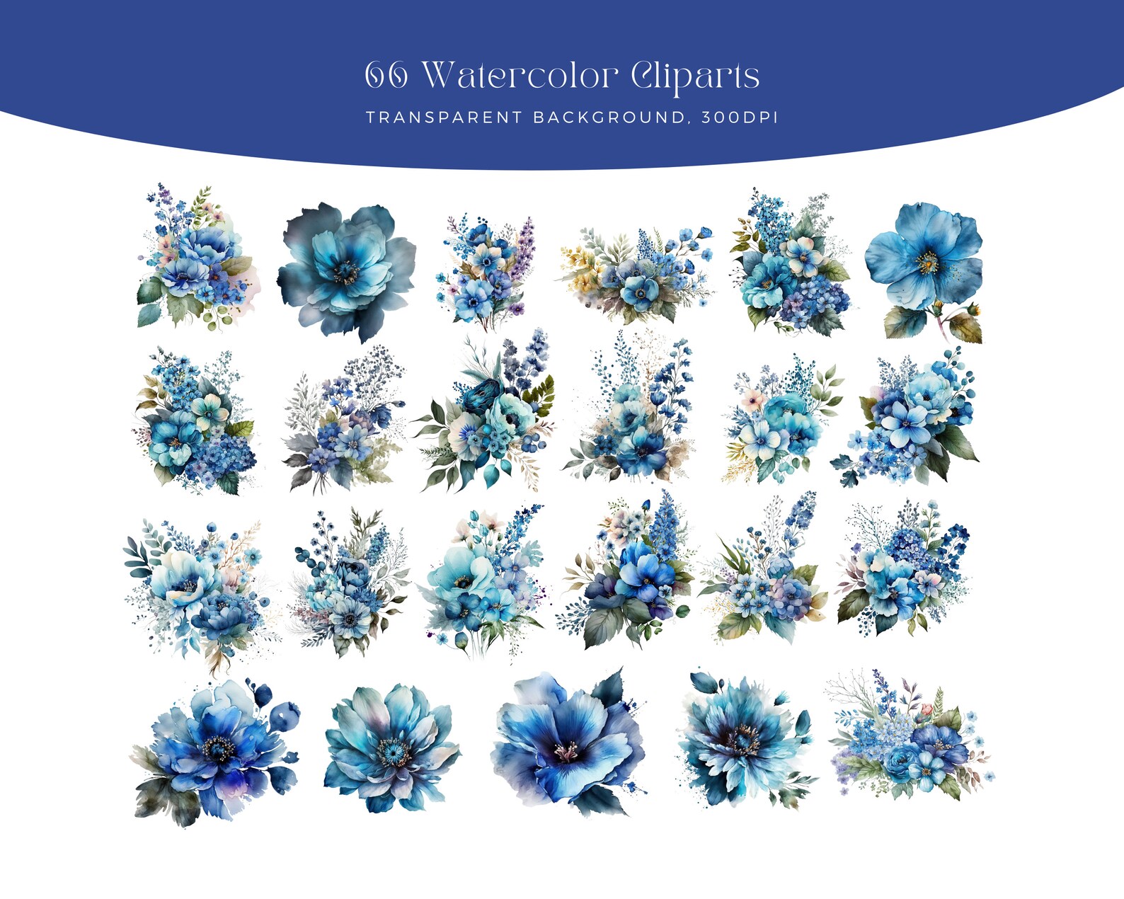 Blue Watercolor Floral Clipart: PNG Flower Bouquets (commercial Use ...