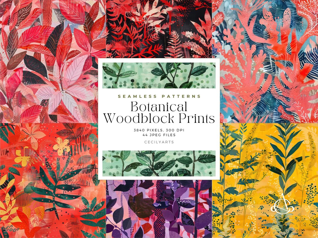 Botanical Woodblock Prints: Seamless Patterns, Digital Paper ...