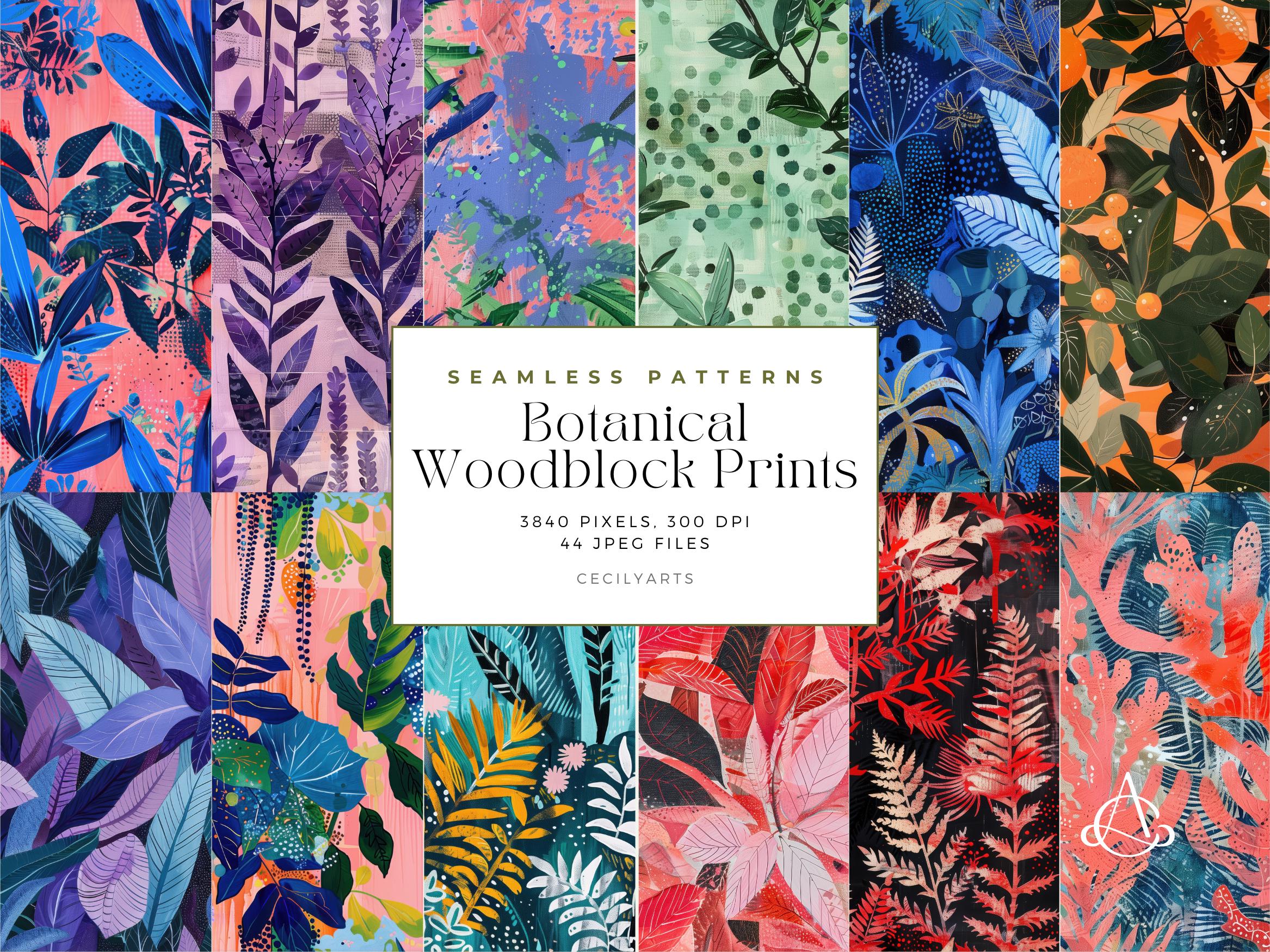 Botanical Woodblock Prints: Seamless Patterns, Digital Paper ...