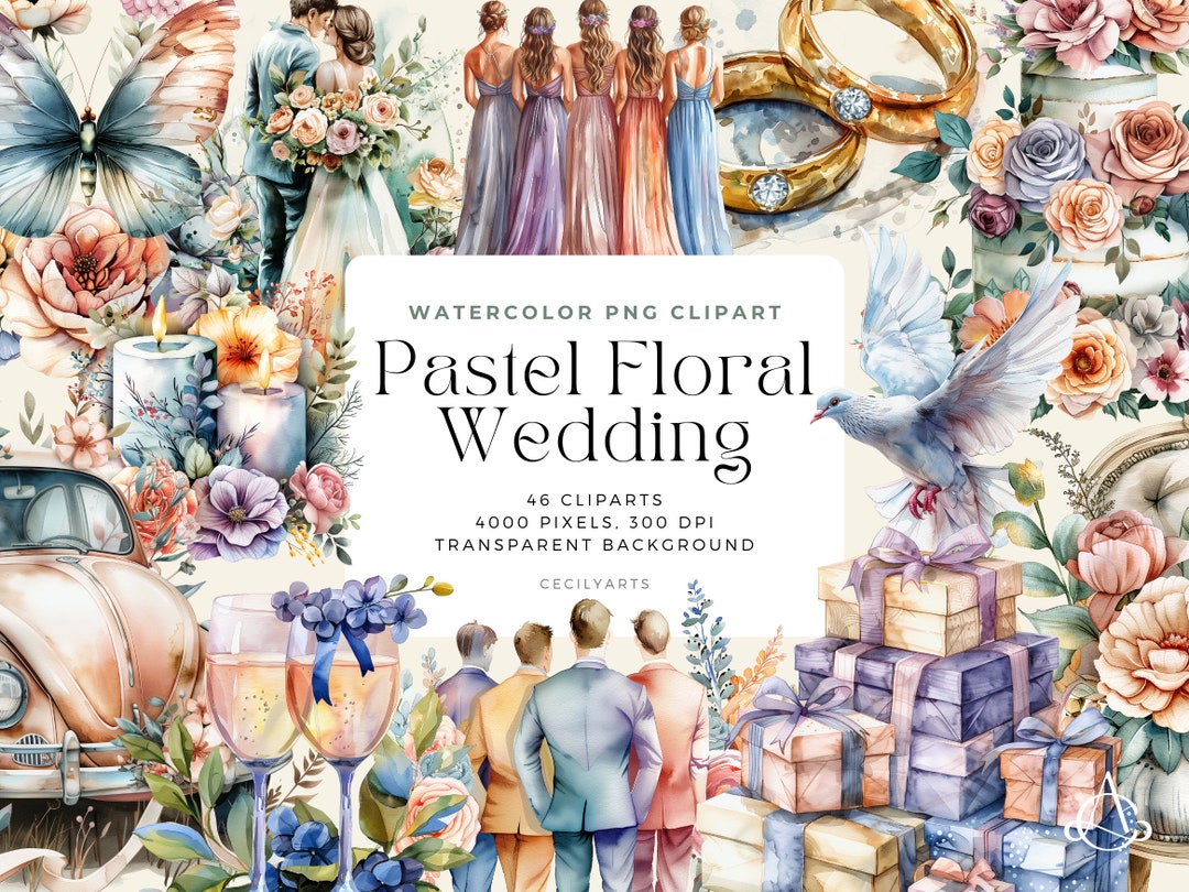 Pastel Floral Wedding Collection, Pastel Flowers PNG, Watercolor Floral ...