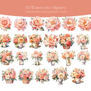 Roses and Peonies Flowers PNG, Watercolor Floral Clipart Bouquets ...