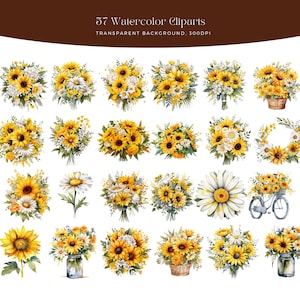 Sunflower and Daisies Flowers PNG, Watercolor Floral Clipart Bouquets ...