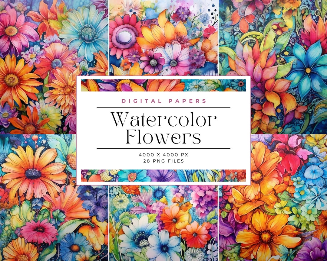 Bright Watercolor Flowers Digital Paper, Floral Digital Paper ...
