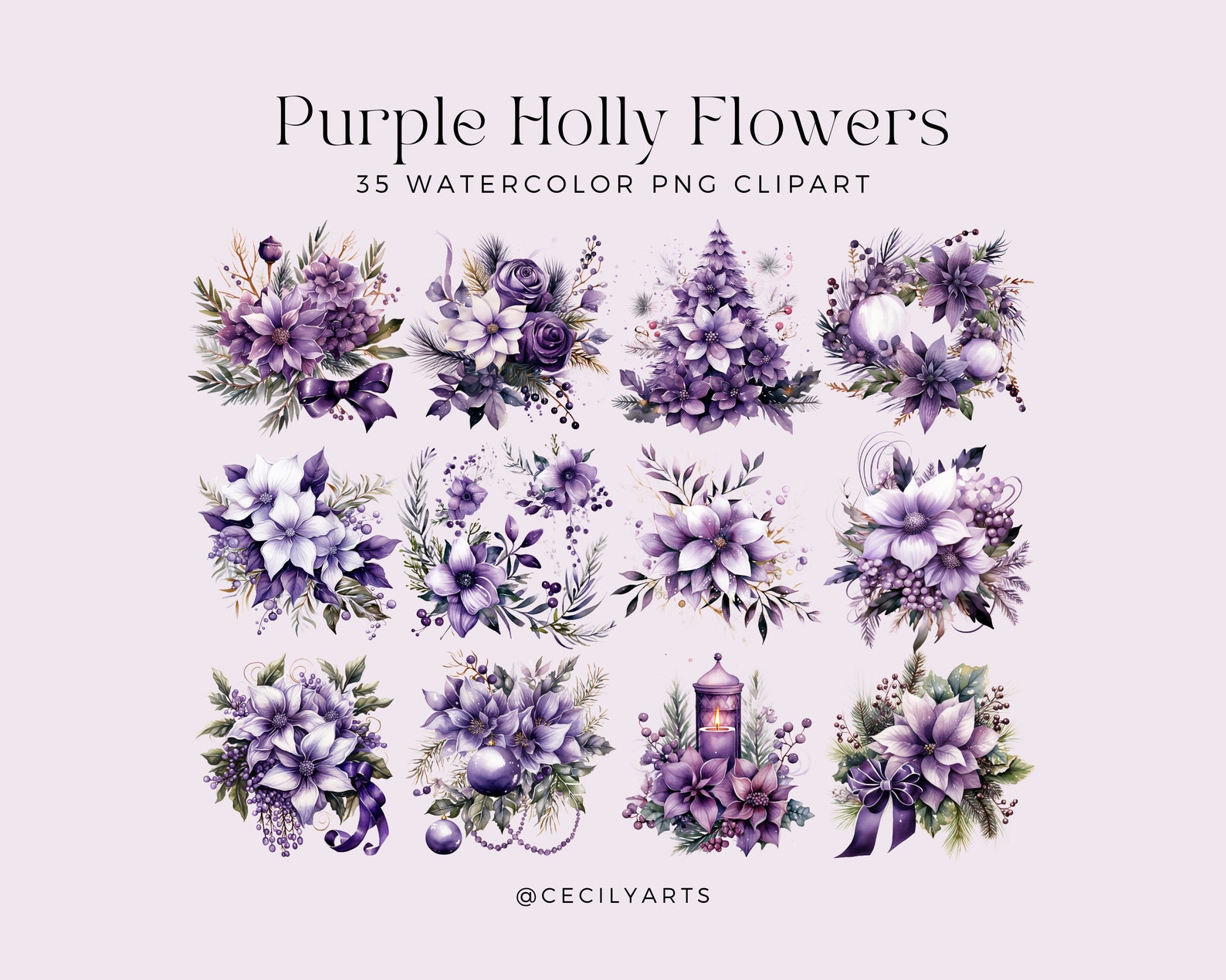 Purple Holly Flowers PNG, Watercolor Holly Clipart, Watercolor Floral ...