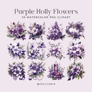 Purple Holly Flowers PNG, Watercolor Holly Clipart, Watercolor Floral ...