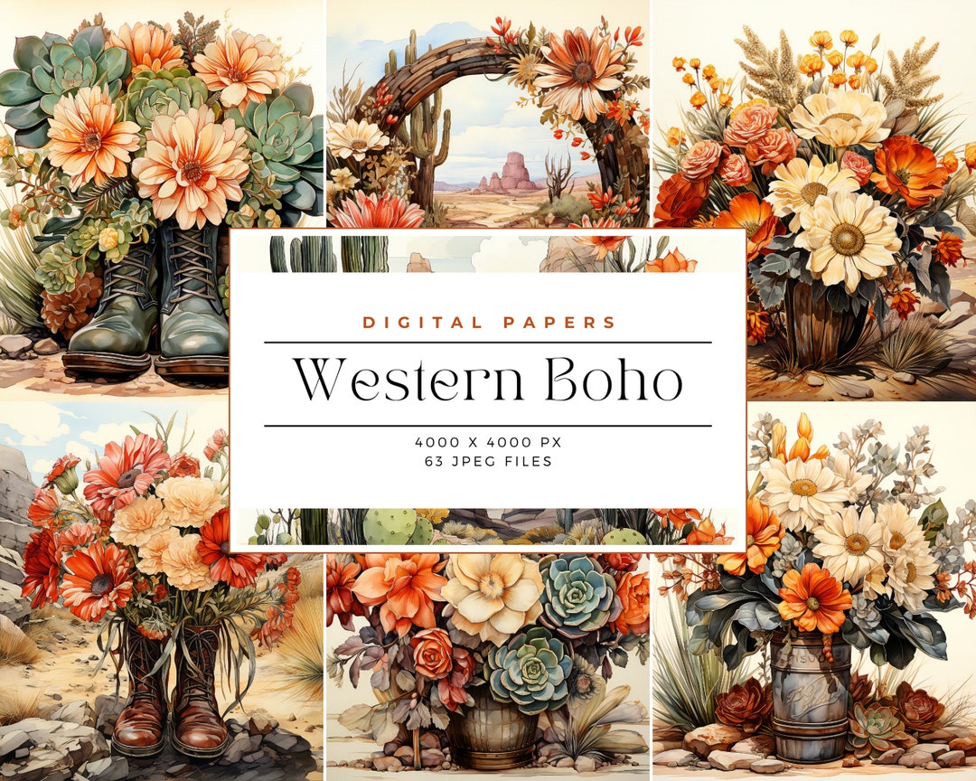 Western Boho Digital Paper Backgrounds, Western Boho, Cowgirl Floral ...