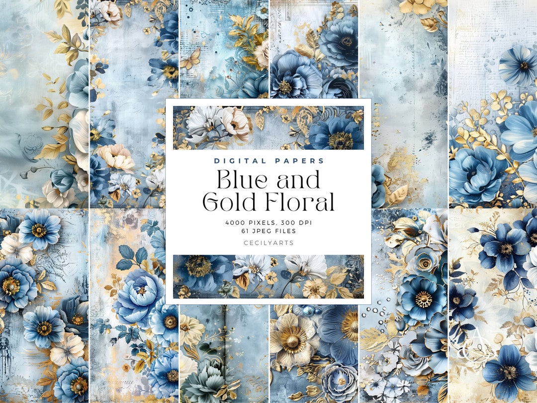 Blue & Gold Floral Digital Paper: Junk Journal Pages (digital Download ...