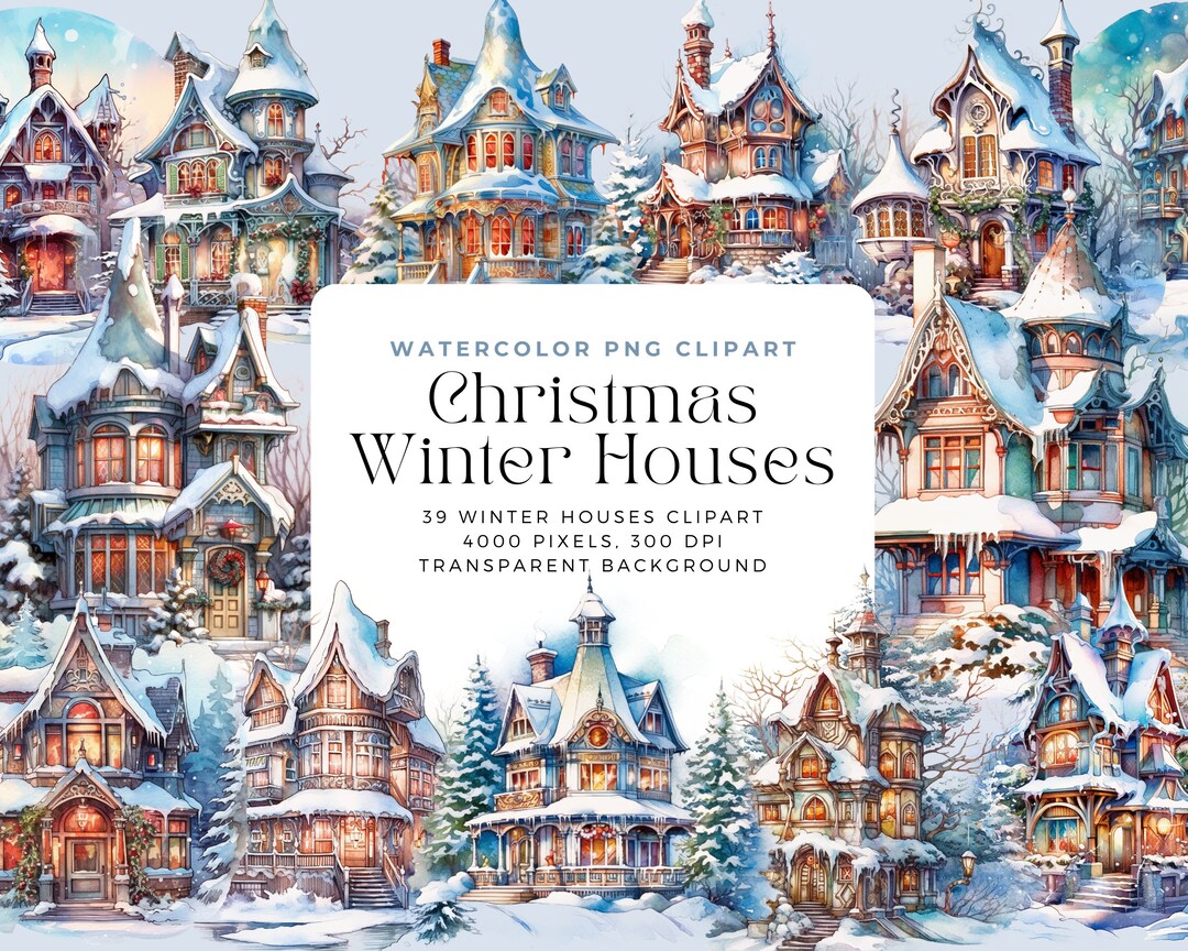 Watercolor Christmas Winter Houses Clipart, Winter House Clipart ...