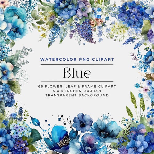 Blue Flowers Watercolor Floral Clipart PNG Bundle Wreaths - Etsy