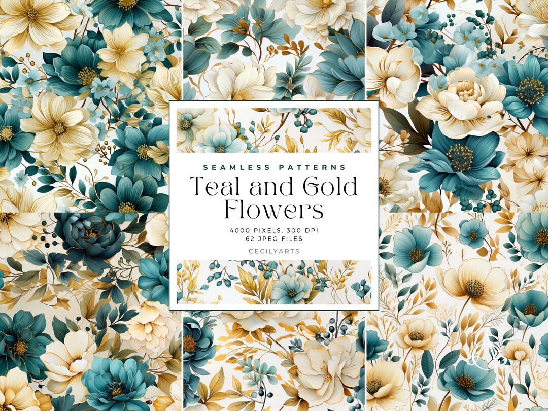 3D Teal and Gold Roses Floral SEAMLESS Patterns - 3D Teal and Gold ...