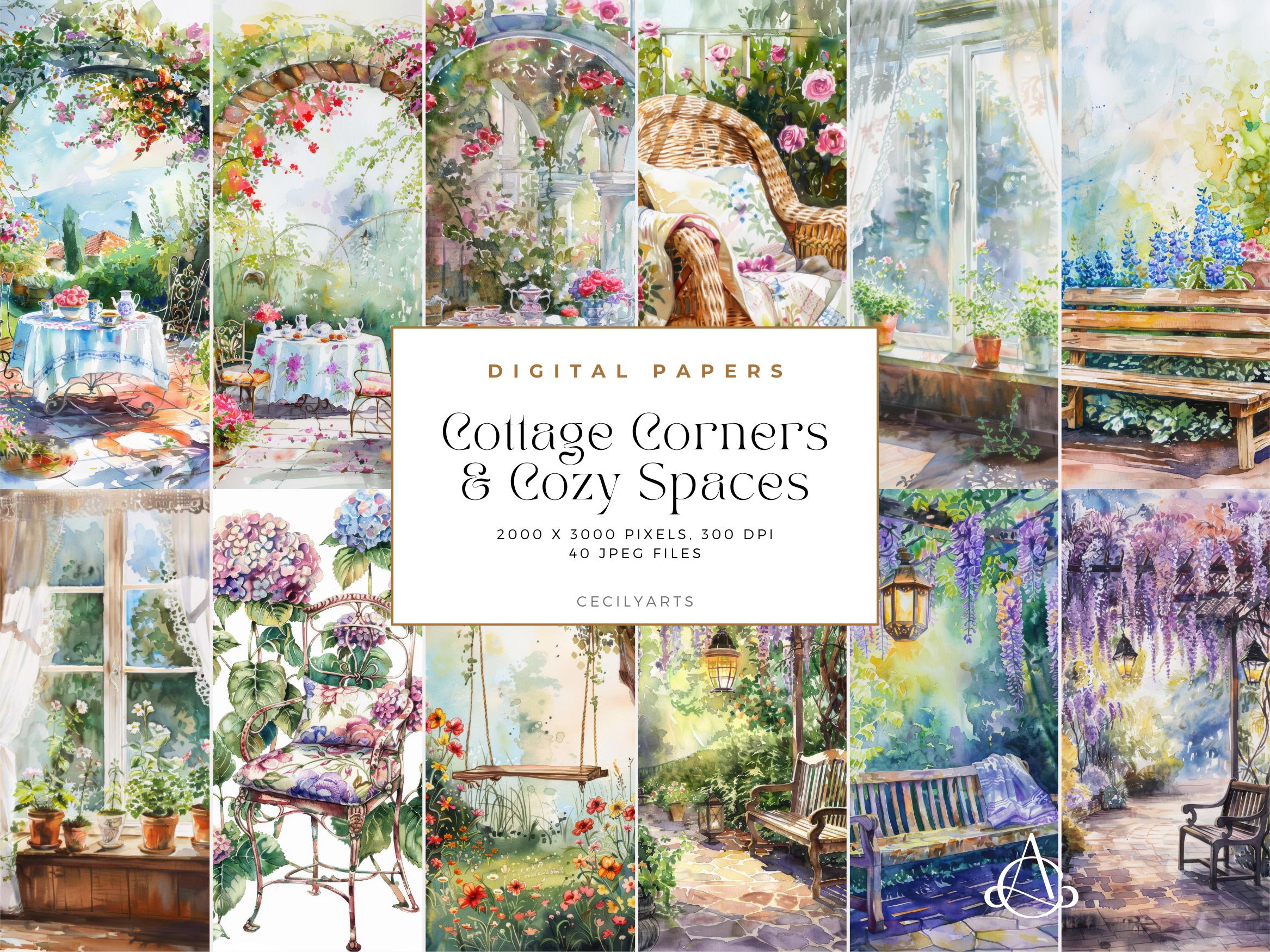 Cottagecore Watercolor Digital Papers, Cozy Cottage Scenes, Garden ...
