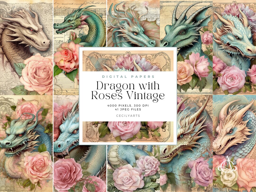 Dragon With Roses Vintage Digital Paper: Junk Journal Pages (digital ...
