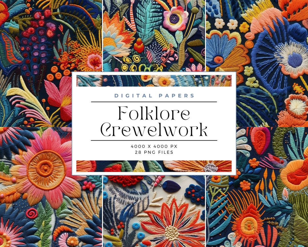 Folklore Colorful Crewelwork Digital Paper, Crewelwork, Junk Journal ...