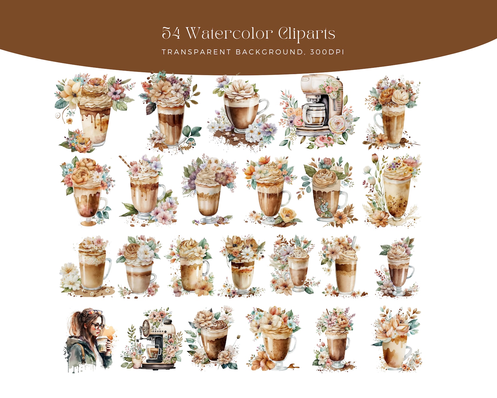 Cold Coffee PNG, Watercolor Floral Coffee Clipart, Flower Latte ...