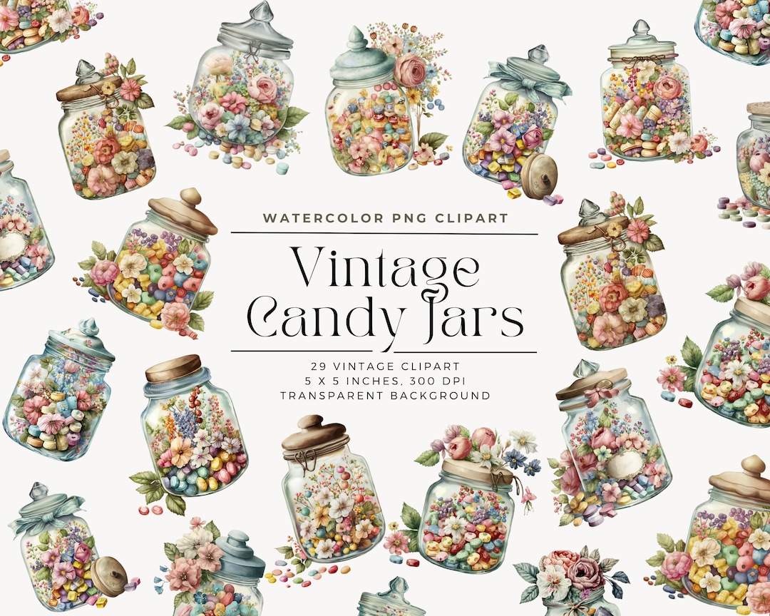 Vintage Watercolor Floral Candy Jar Clipart, Watercolor Pastel Rainbow ...